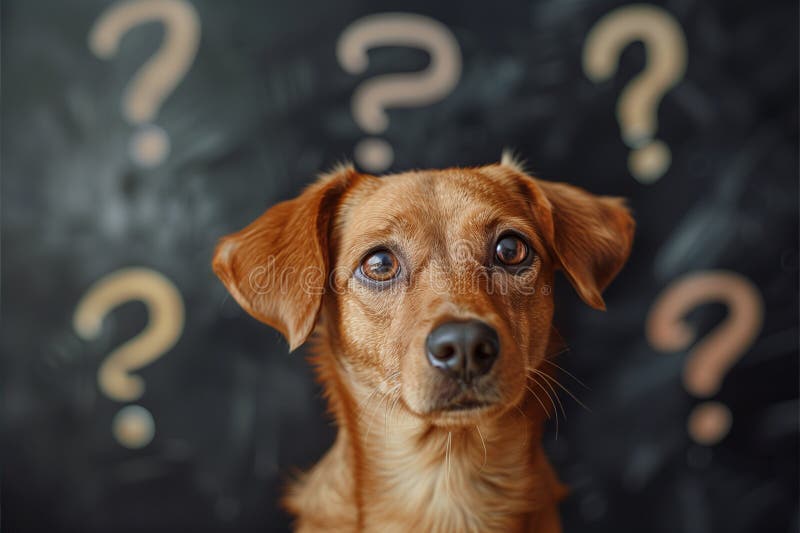 Brown Dog Sitting in Front of Chalkboard with Question Marks Stock ...