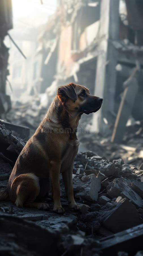 Brown Dog Sitting among Ruins in Post-war Devastation Stock Photo ...