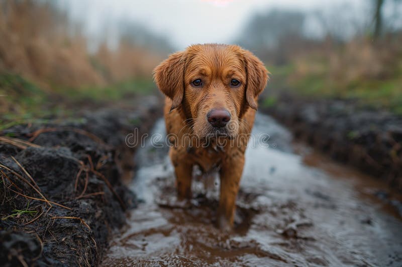 A Brown Dog Standing on Top of a Muddy Road, Looking Towards the Camera ...