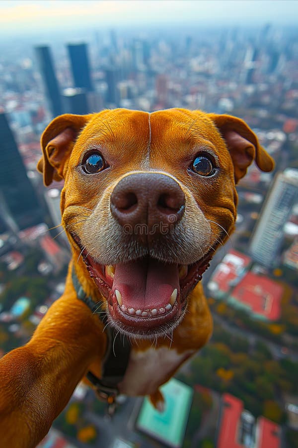 A Brown Dog Standing on Top of a Tall Building with Its Mouth Open ...