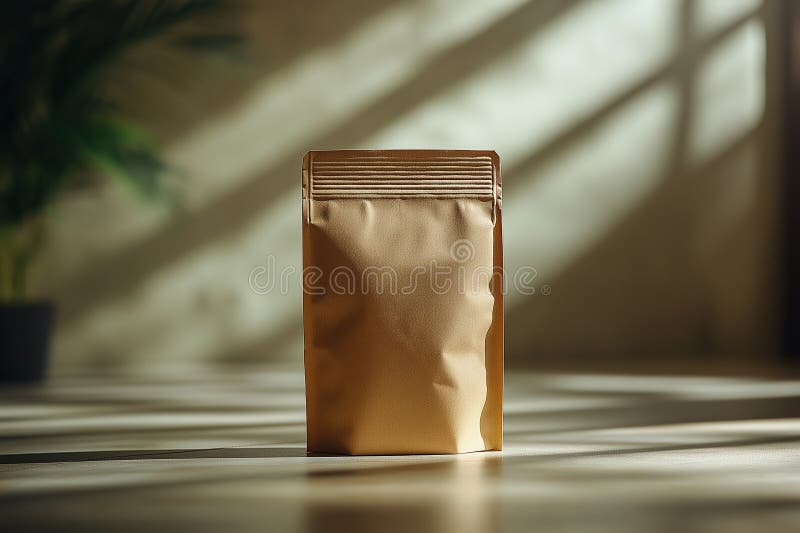 Brown Doypack Pouch Packaging Standing on Table Under Sunlight Stock ...