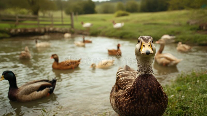 Brown Duck in a Farm Pond with Other Ducks Stock Illustration ...