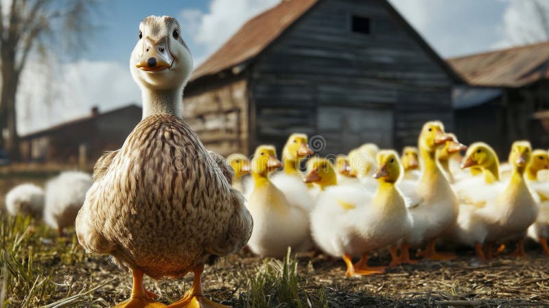 Brown Duck Leading Yellow Ducklings on Farm Stock Illustration ...