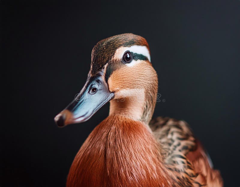 A Brown Duck with a White Stripe Above the Eye and a Blue Beak, Looking ...