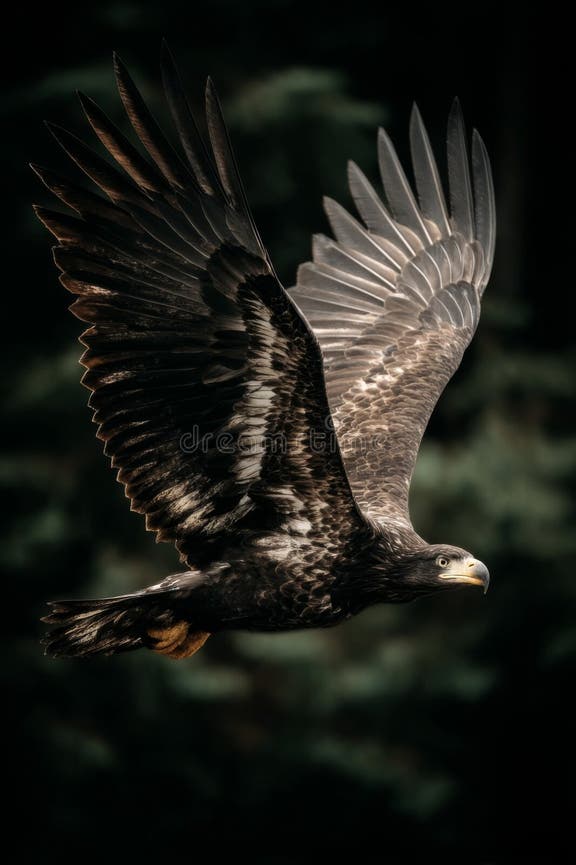 Brown Eagle in Flight Against Dark Green Forest Background Stock ...