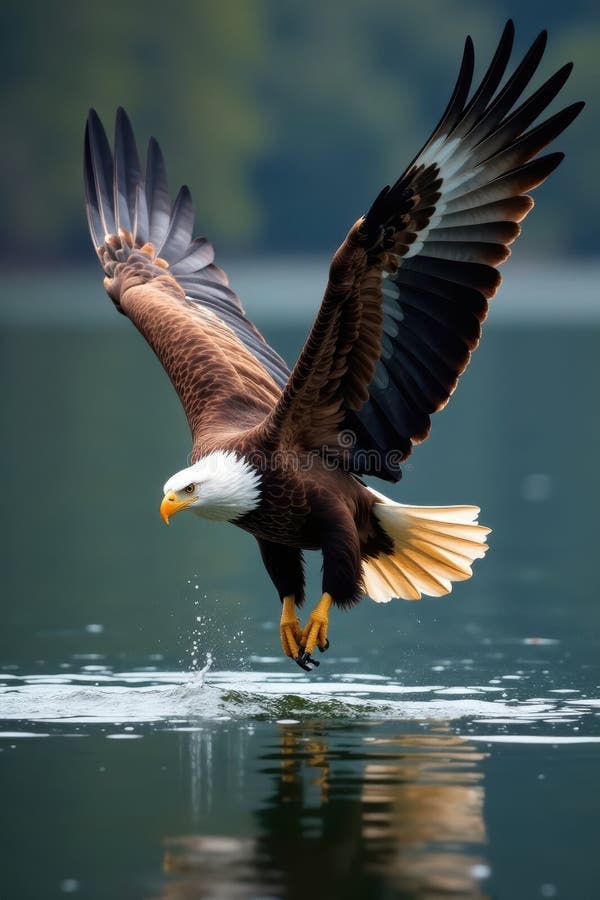Brown Eagle in Flight Inches Above Still Water, Serene, Bird Photography, Calm Stock ...
