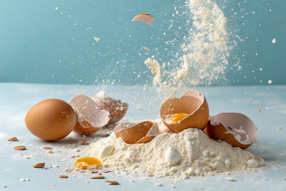 Brown Eggs Exploding with Flour Against Light Blue Background ...