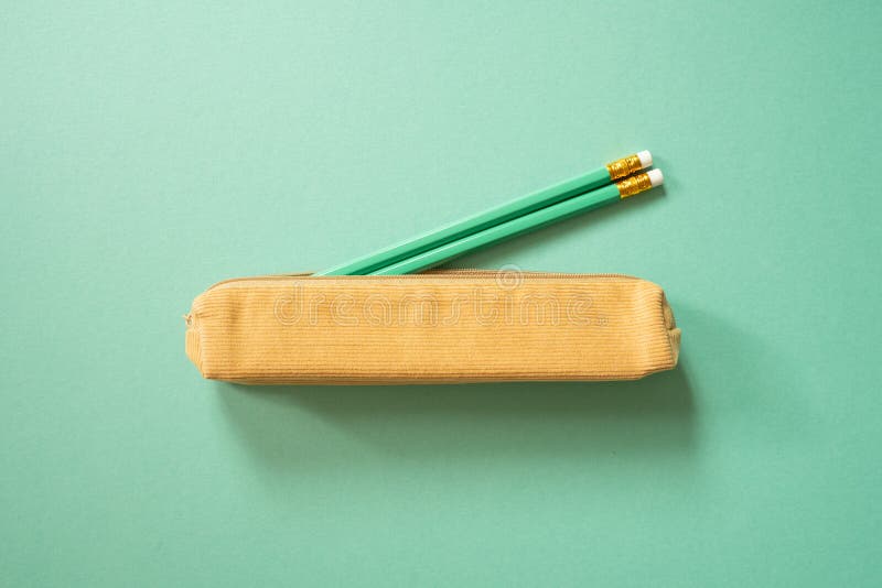Brown Fabric Pencil Case with Writing Supply Isolated on Green ...