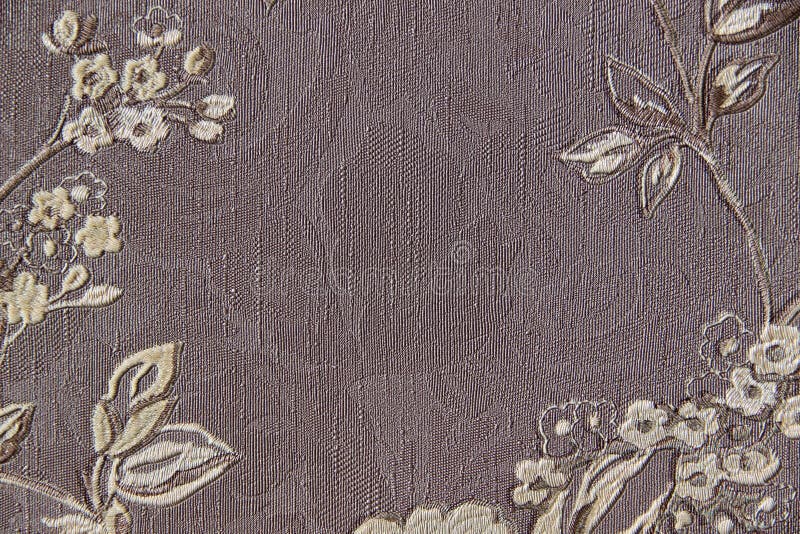 Brown Fabric Wallpaper with Gold Volume Flowers. Thread Texture Stock ...