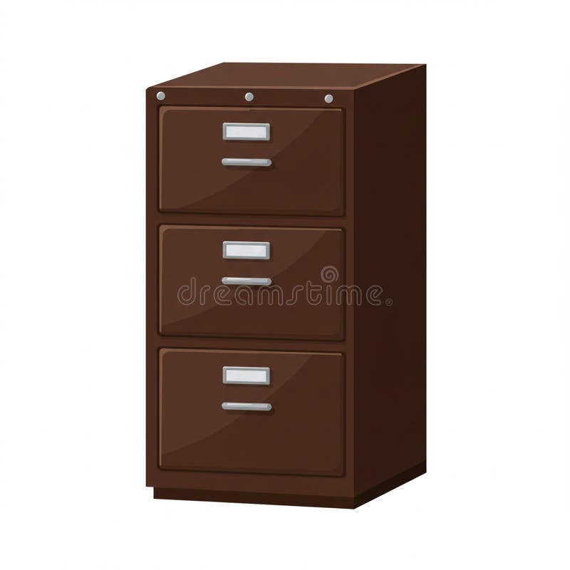 A Brown Filing Cabinet with Three Drawers, Each Featuring a Metallic ...