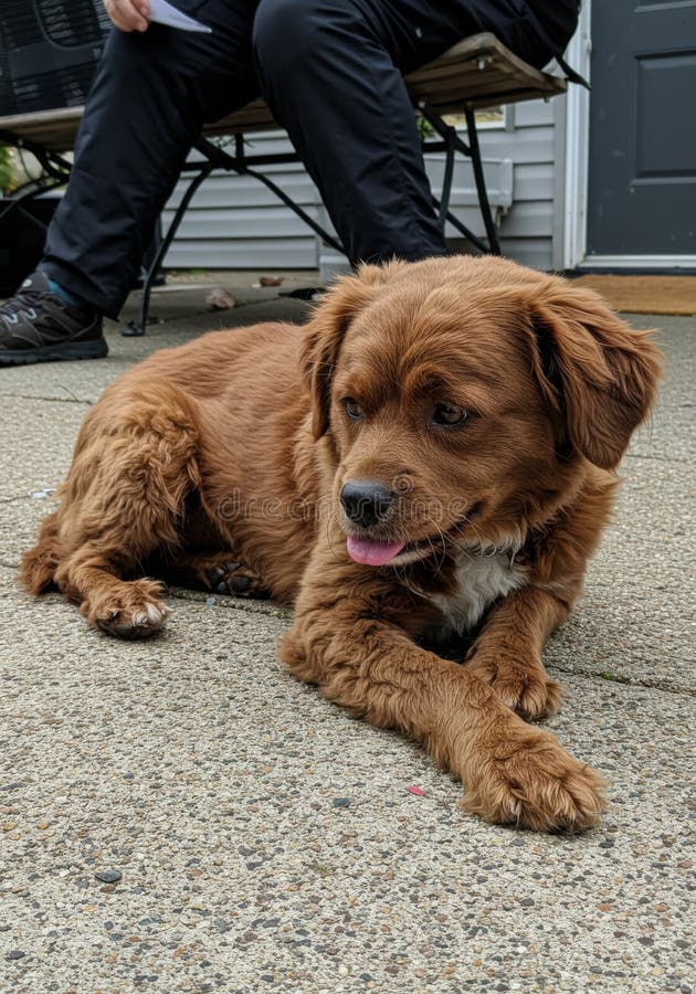 Brown Fluffy Dog Lying on Gravel Outdoors Stock Illustration ...