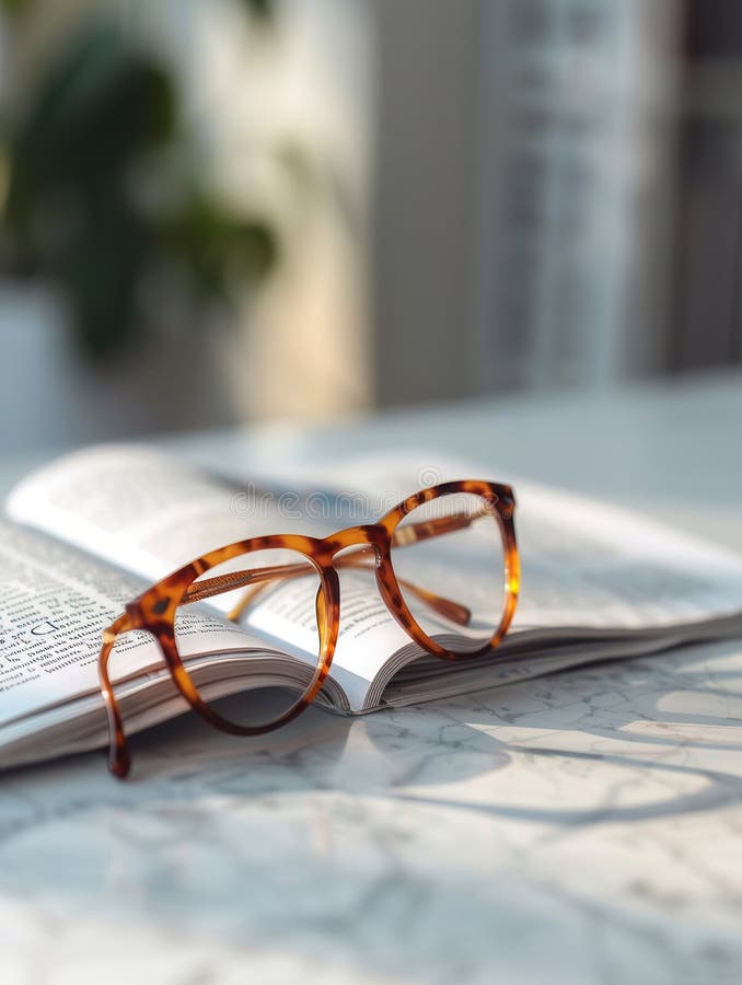 Brown-framed Eyeglasses Rest on an Open Book on a Marble Table Top ...