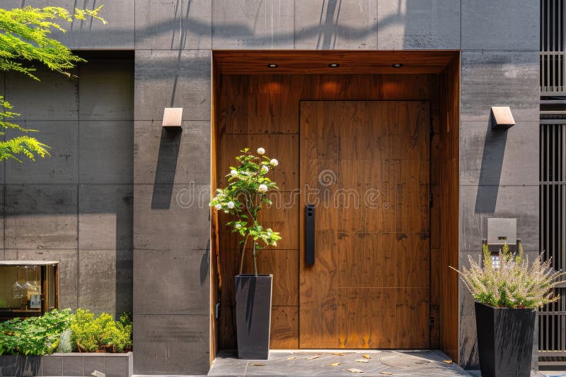 Brown Front Door with Plants, Facade of a Modern Building with Modern ...