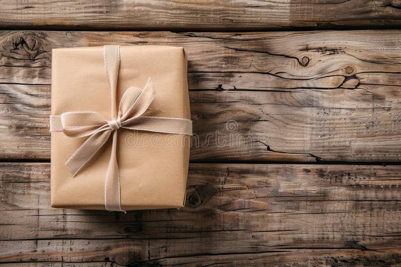 Brown Gift Box with a Beige Ribbon on a Rustic Wooden Table ...