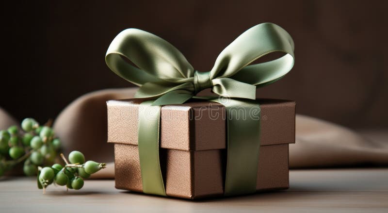 A Brown Gift Box with a Green Bow in Hands Stock Photo - Image of gift ...