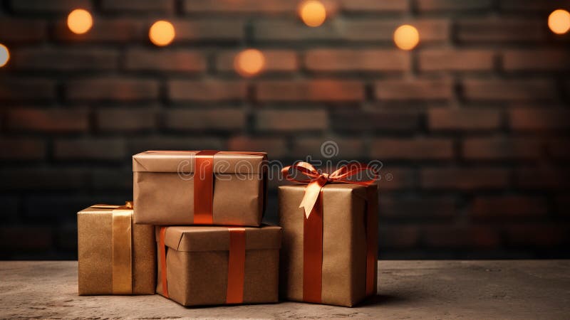 Brown Gift Boxes with Orange Ribbons and Bokeh Stock Image - Image of ...