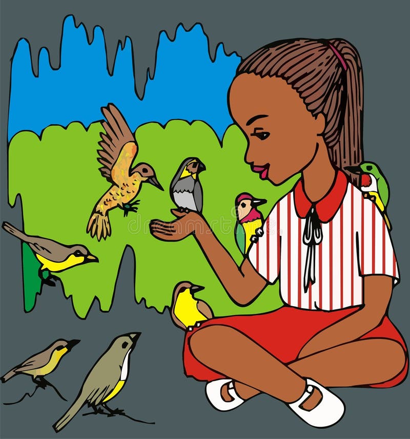 Brown girl and birds stock vector. Illustration of whit - 8229564
