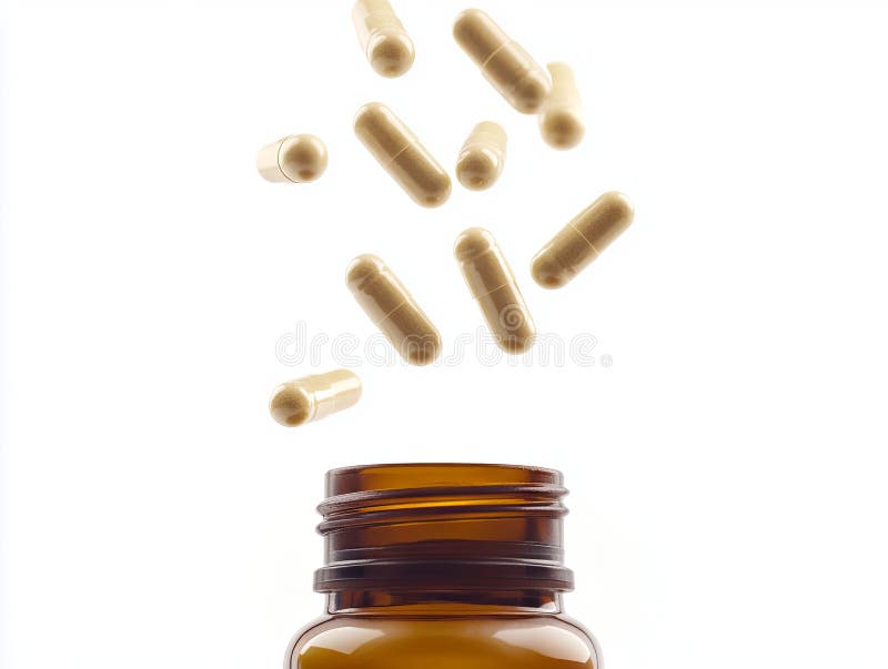 A Brown Glass Bottle Filled with Capsules Falling Out of it Stock Image ...