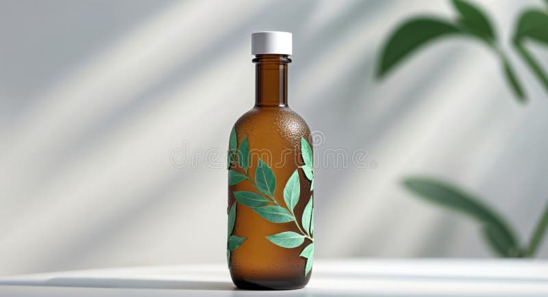 Brown Glass Bottle with White Cap and Green Leaf Design. Stock Image ...
