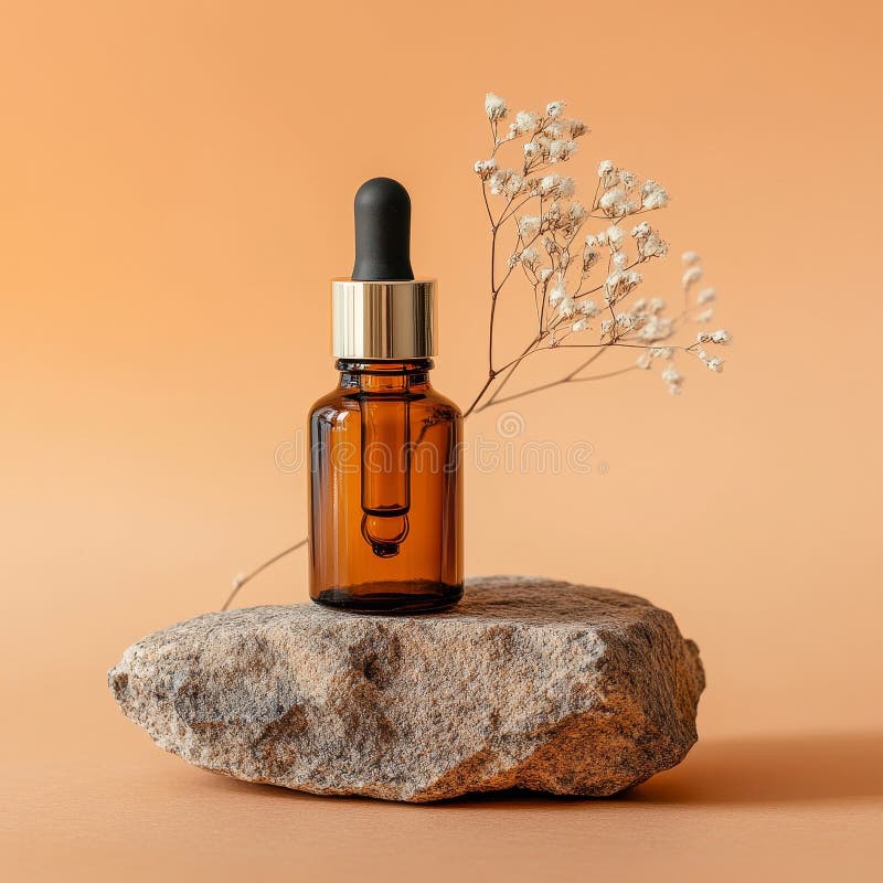 Brown Glass Dropper Bottle with Pipette on Stone on Orange Background ...