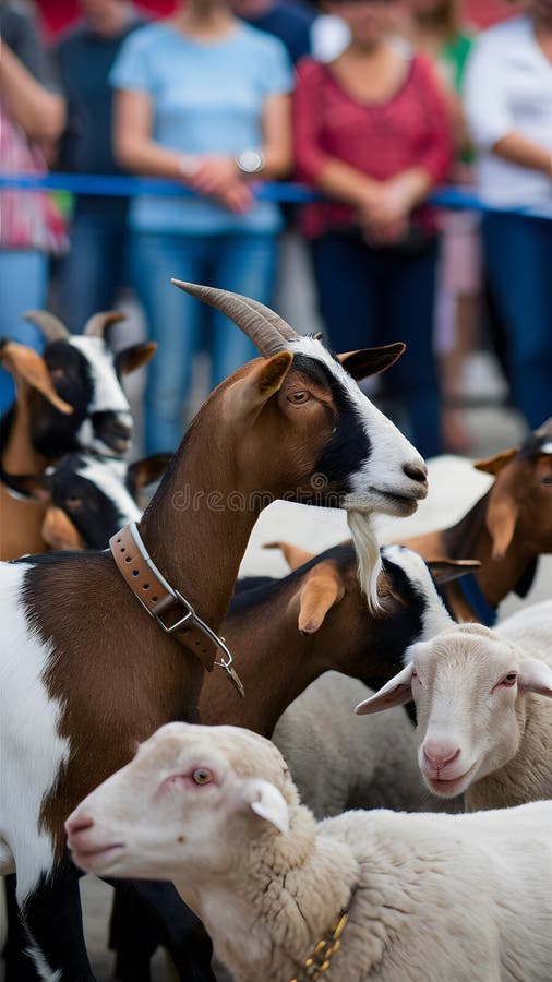 Brown Goat with Collar among Herd of Goats and Sheep in Public Event ...
