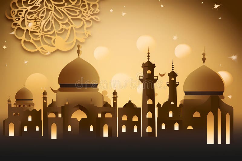 A Brown and Gold Background with a Silhouette of a Mosque and Fireworks ...