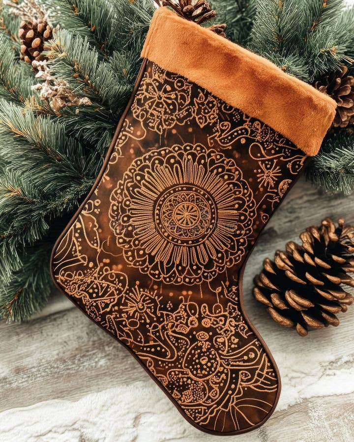 A Brown and Gold Decorated Christmas Stocking Sits on a Table with Pine ...