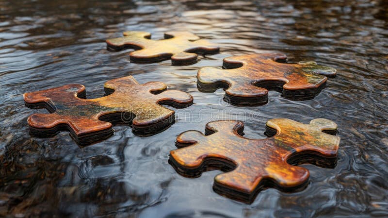 Brown Gold Puzzle Pieces Floating on Dark Water Stock Illustration ...