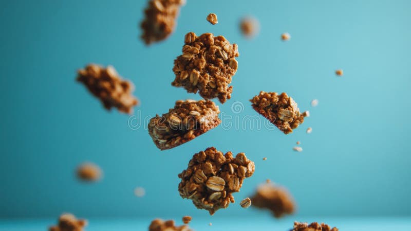 Brown Granola Clusters Falling Against Blue Background Stock ...