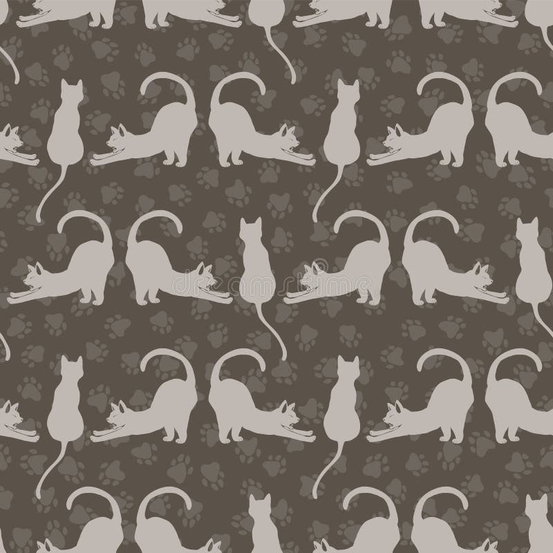 Brown and Gray Cute Stretching Cats Vector Pattern Stock Vector ...