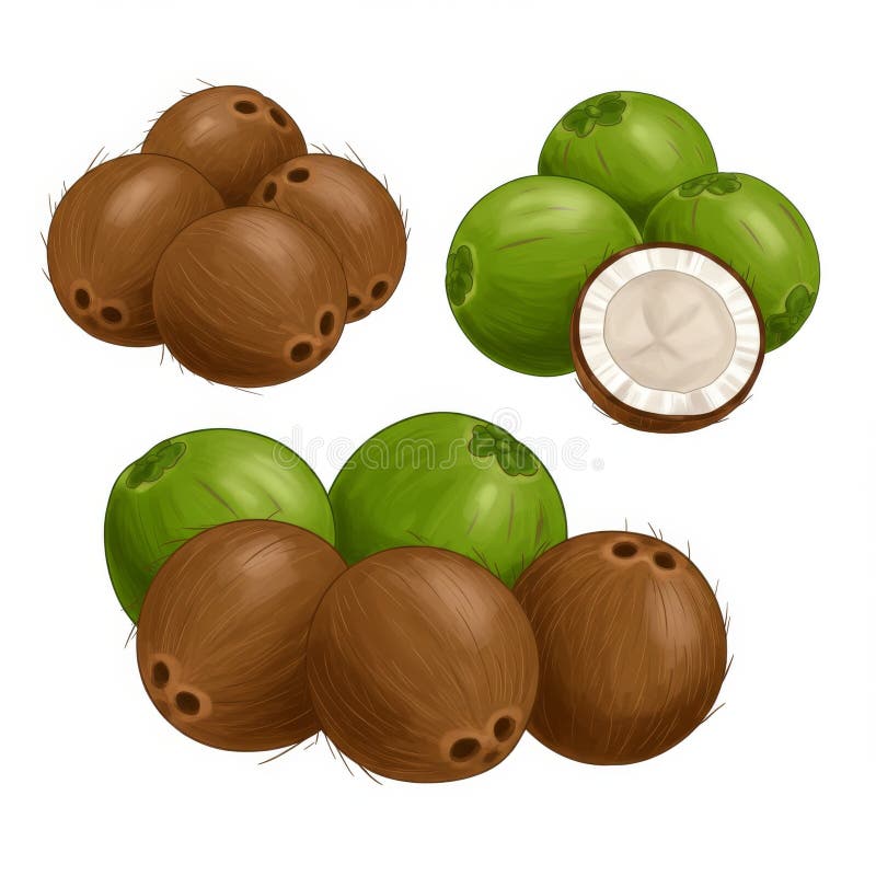 Brown and Green Coconuts Illustration on White Background Stock ...