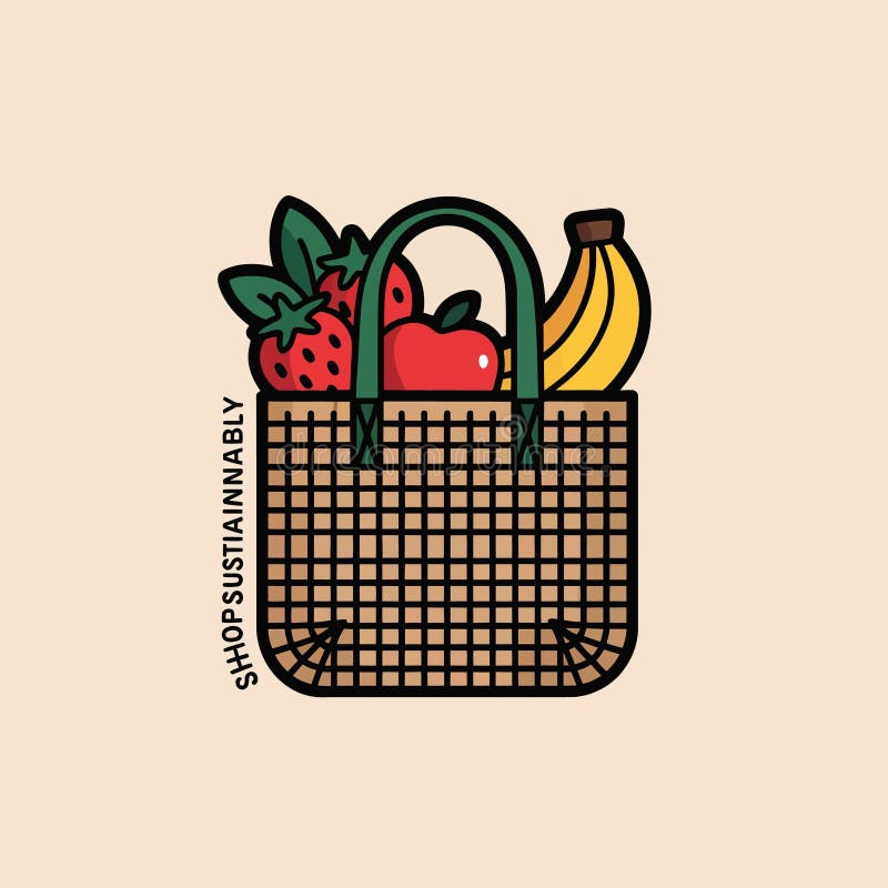 Brown Grid Tote Bag with Red Apples Strawberries Banana Stock Vector ...