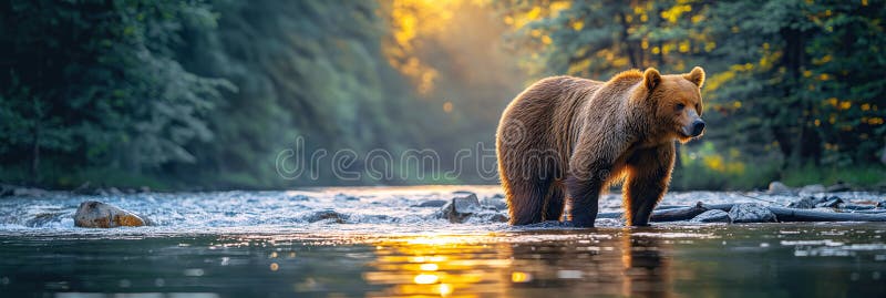 Brown Grizzly Bear on Forest River in Nature. Panoramic Summer ...