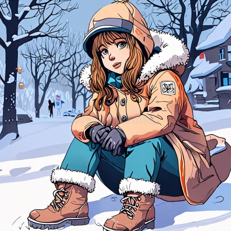 Brown-haired Girl in Winter Clothes Sitting in the Snow - Drawing ...