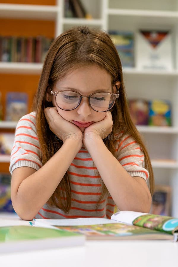 Brown Haired Sitting School Library Reading Preparing for Lessons ...
