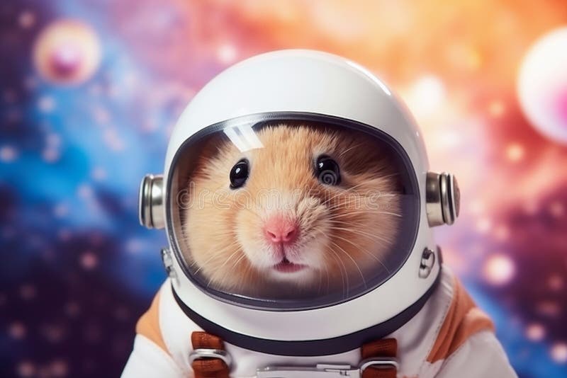 Brown Hamster in White Spacesuit on Space Background from Different Planets. Stock Image - Image ...