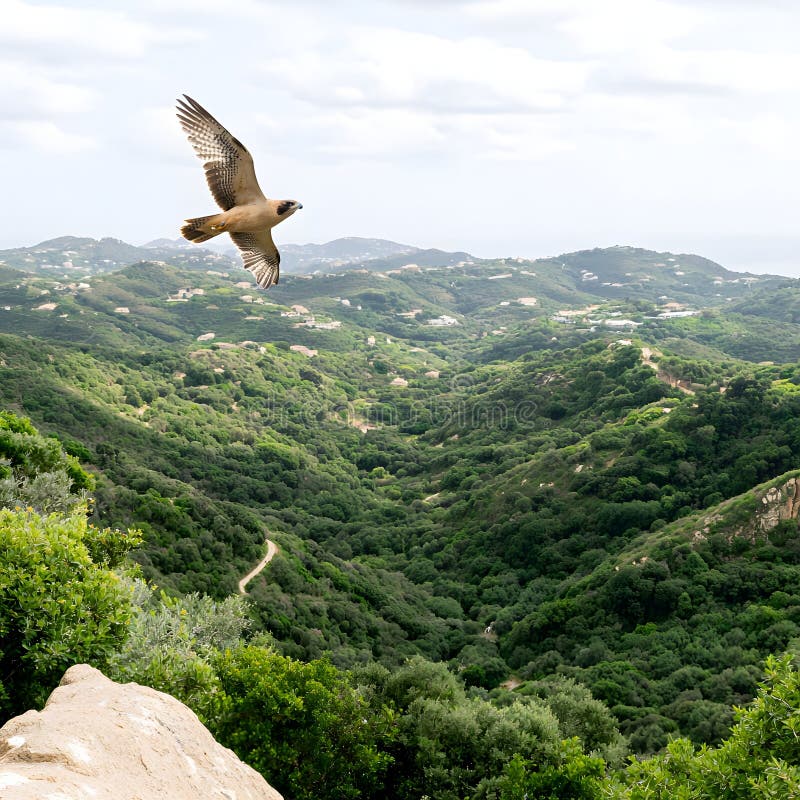 Brown Hawk Soaring Over Lush Green Valley Under Cloudy Sky Stock ...