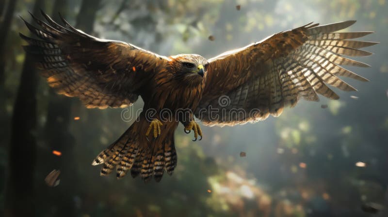 Brown Hawk in Flight through Sunlit Forest Stock Illustration ...