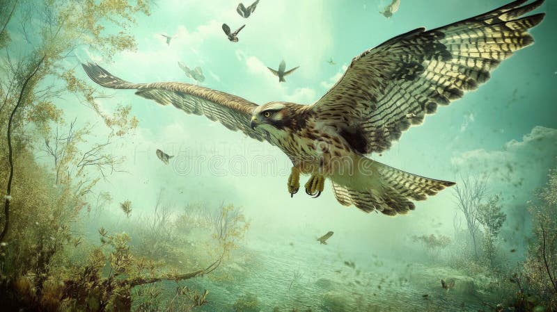 Brown Hawk Soaring Above Green Forest Stock Illustration - Illustration ...