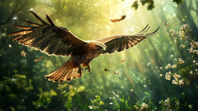Brown Hawk Soaring through Sunlit Green Forest Stock Illustration ...