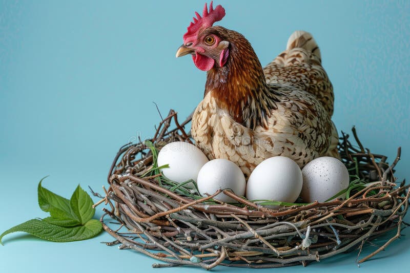 A Brown Hen Sits in Nest. Chicken on White Eggs on a Blue Background ...