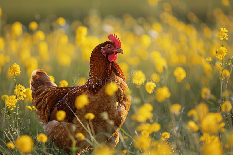 Brown Hen Standing Field Yellow Flowers Stock Photos - Free & Royalty ...