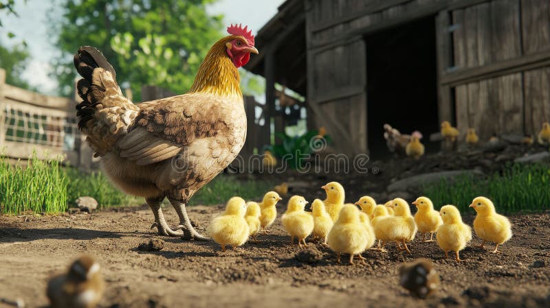 A Brown Hen Stands Surrounded by Yellow Chicks. a Rustic Chicken Coop ...