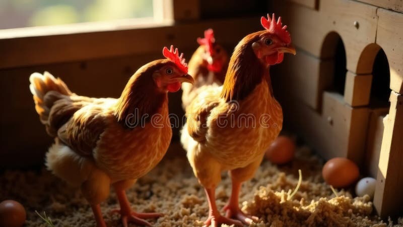 Brown Hens in Wooden Chicken Coop Laying Eggs in Straw Nesting Boxes at ...