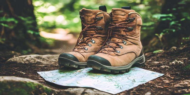 Brown Hiking Boots on Map in Forest Stock Illustration - Illustration ...