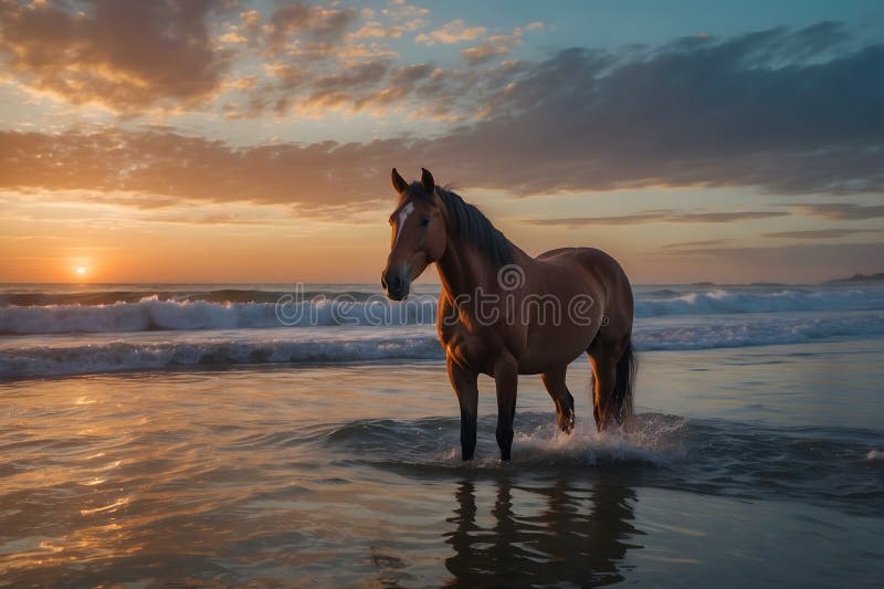 A Brown Horse at Beach at Sunset Stock Photo - Image of splash, horse ...