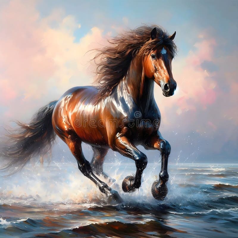 A Brown Horse with a Black Mane is Running in the Ocean. Stock Photo ...