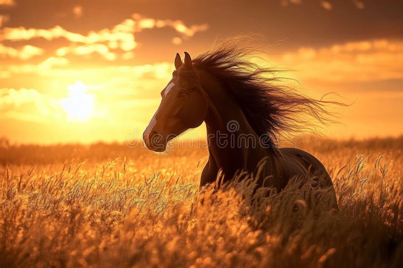 Brown Horse Flowing Mane Standing Field Grass Sunset Stock Photos ...