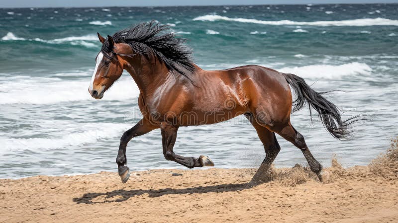 Brown Horse Galloping on Sandy Beach Near Ocean Waves Stock Photo ...