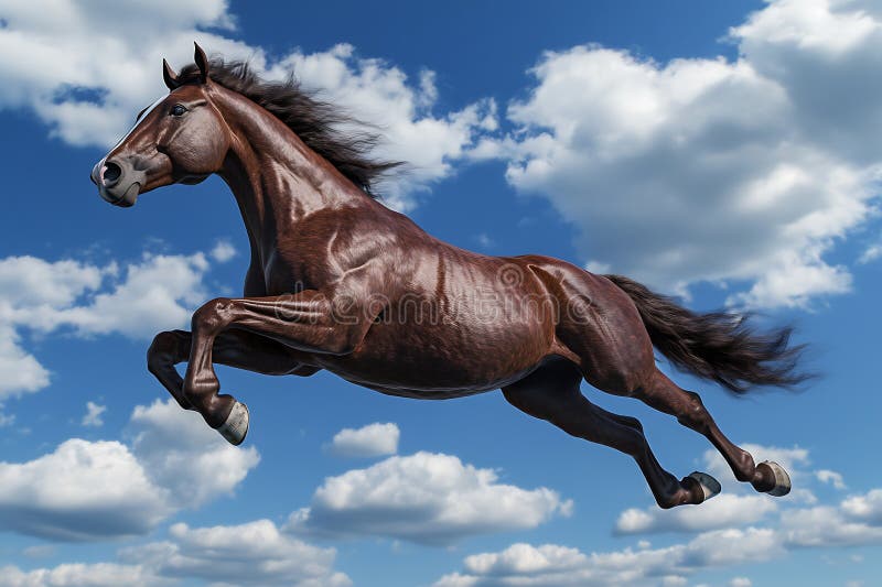 Brown Horse Leaping Against a Blue Sky with Fluffy Clouds Stock ...